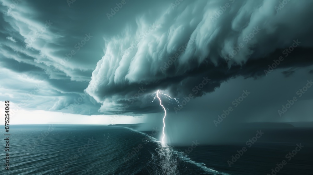 Thunderstorm over ocean, dark clouds rolling in, lightning striking ...