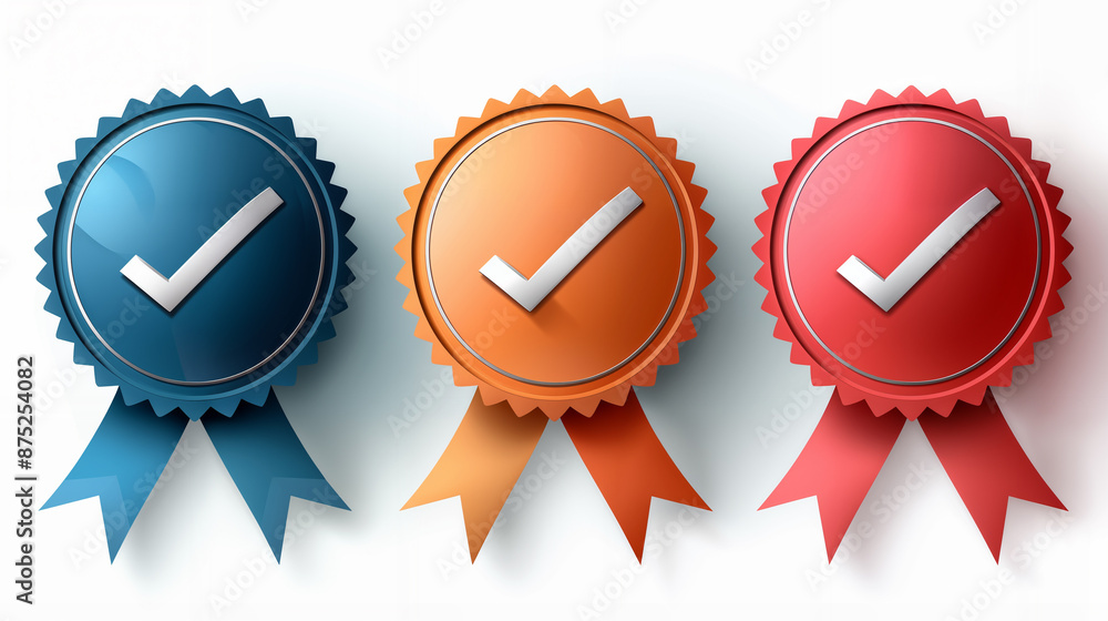 Blue ribbon with white check mark. Orange ribbon with white check mark ...