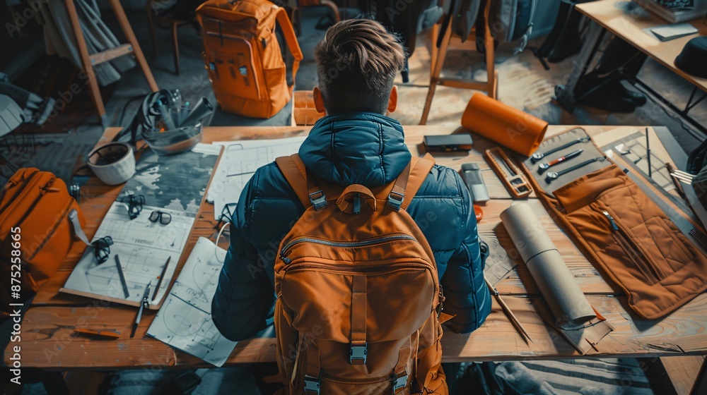 A backpack designer in a modern workspace, examining different types of ...