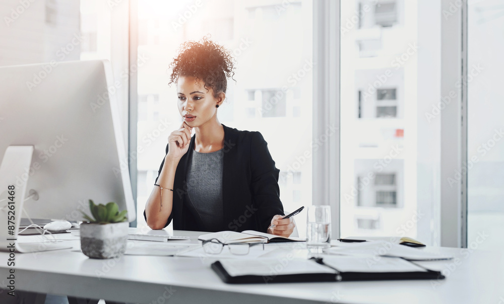 Serious, notes and woman in office, computer and reading of research ...