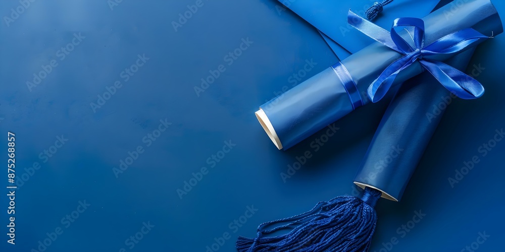 Blue-themed graduation cap and diploma on blue background for ...