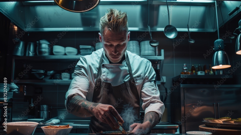 Chef in the kitchen of a dark themed restaurant at night. Tall, white ...