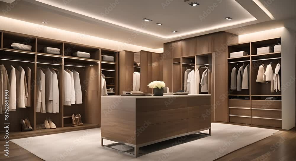 Contemporary wooden walk in closet with hidden lighting carpeted floor ...