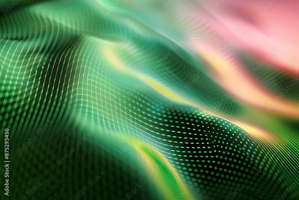 Abstract green and pink digital wave with glowing grid patterns for ...