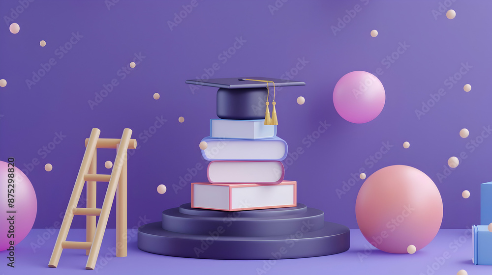 3D rendering of a podium with a graduation hat, ladder and books on a ...