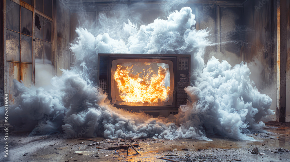 Old vintage TV burning in flames. A destroyed TV as a symbol of refusal ...
