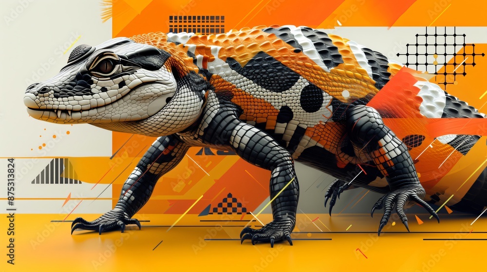 Alligator with a colorful, geometric pattern on its scales is walking ...
