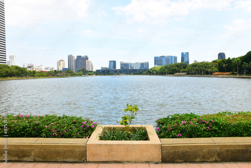 Bangkok, Thailand. July 6, 2024 : Cityscape view of Lake Ratchada ...