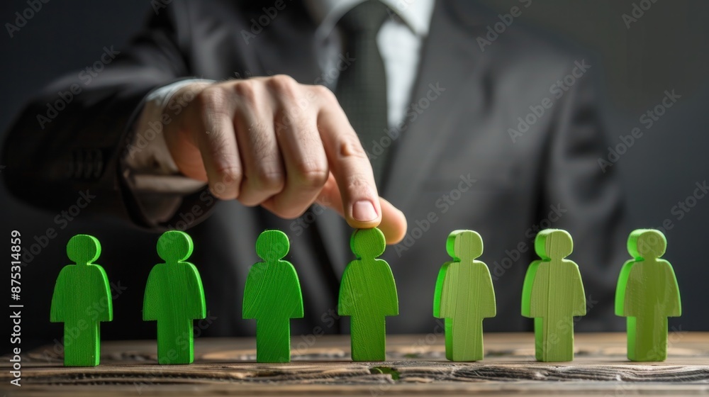 Businessman's hand picks a green stick figure as a symbol of leadership ...