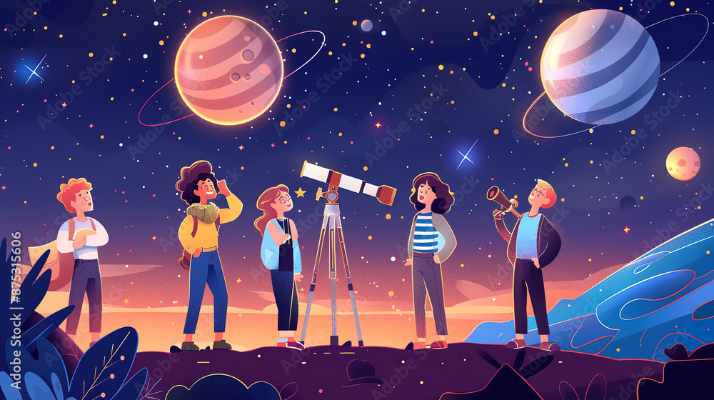 Friendly cartoon astronomers celebrating Astronomy Day under a starry ...