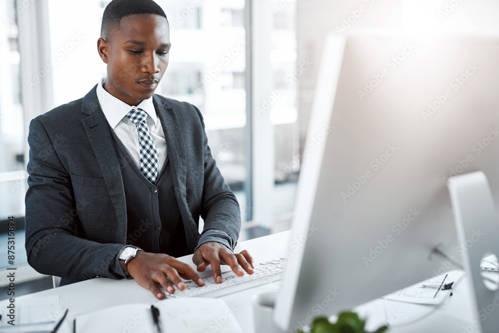 Lawyer, black man and computer for legal documents, desk and keyboard ...