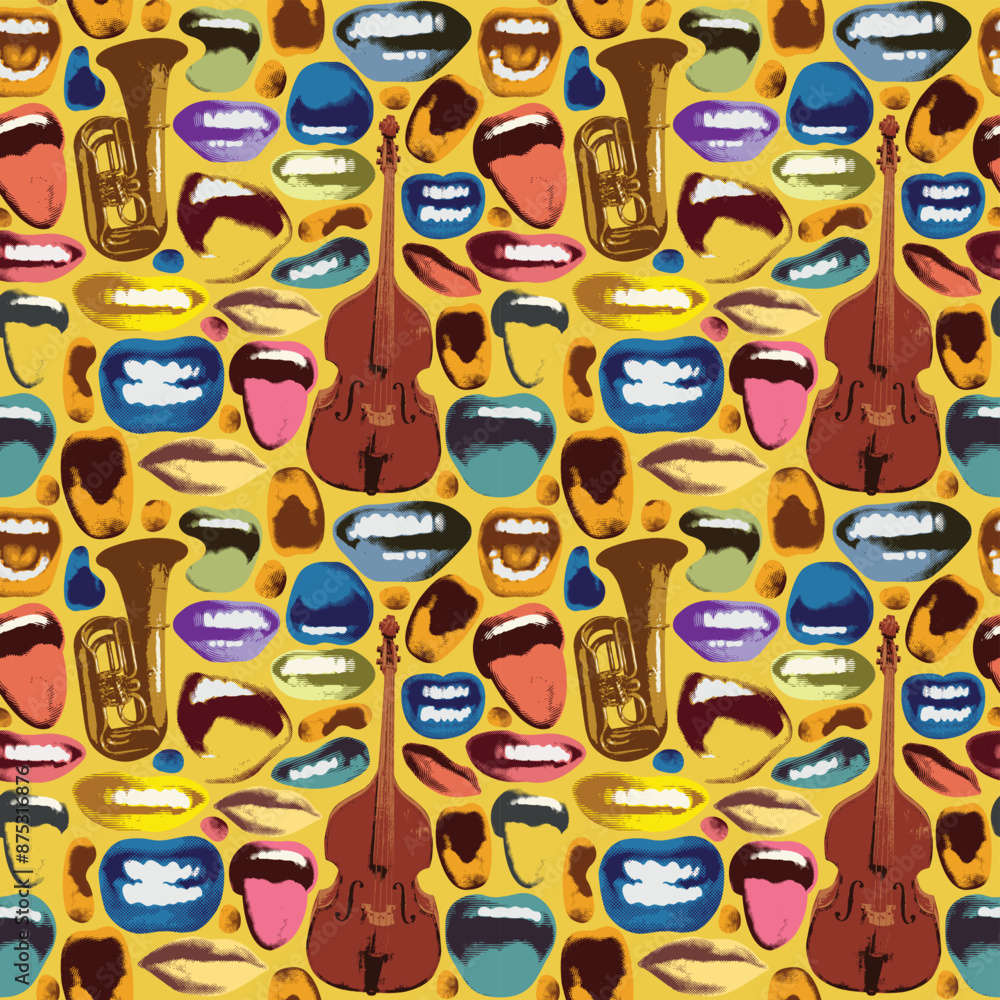 Seamless pattern with colored lips that smile and show tongue and white ...