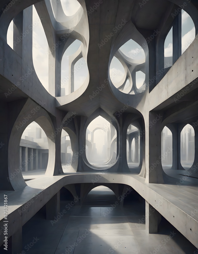 Modern Architectural Structure With Curved Concrete Elements And Open Spaces Creating A