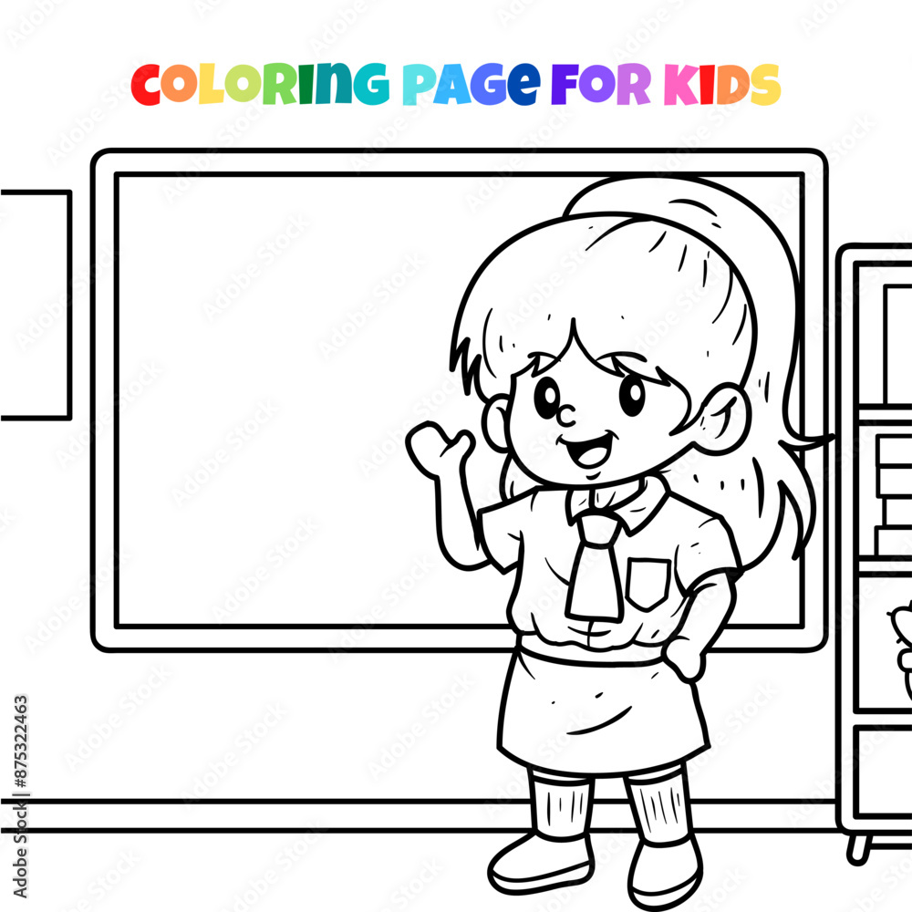 Line art of the girl is standing in the classroom, coloring page ...