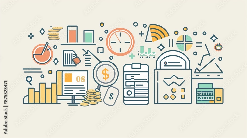 Loan types illustration with icons and graphs, using pastel colors on a ...
