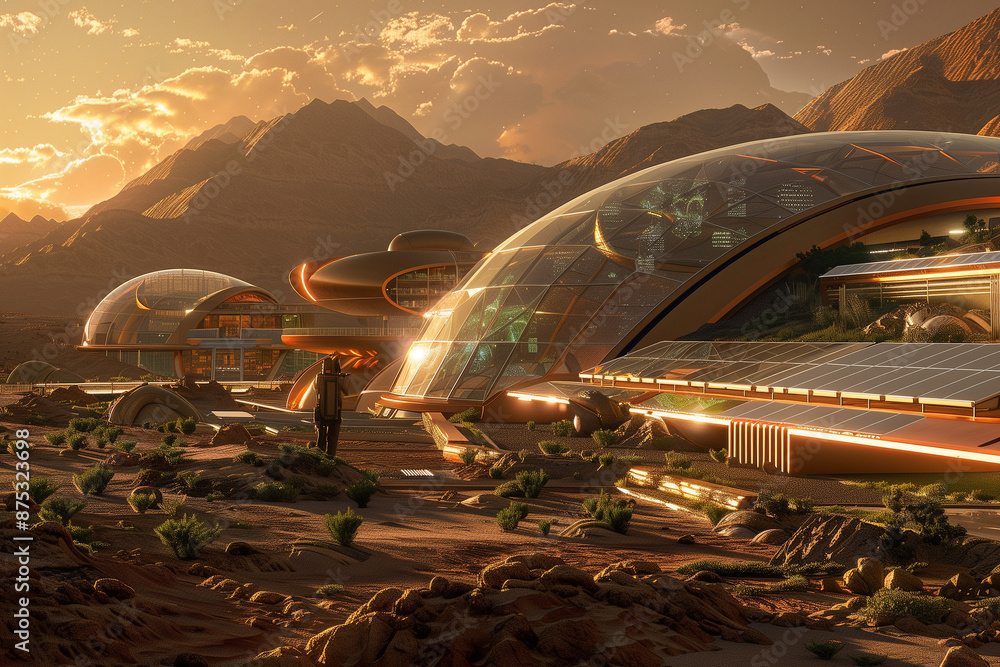 Amid the arid plains of a future Martian colony, a modular biodome ...