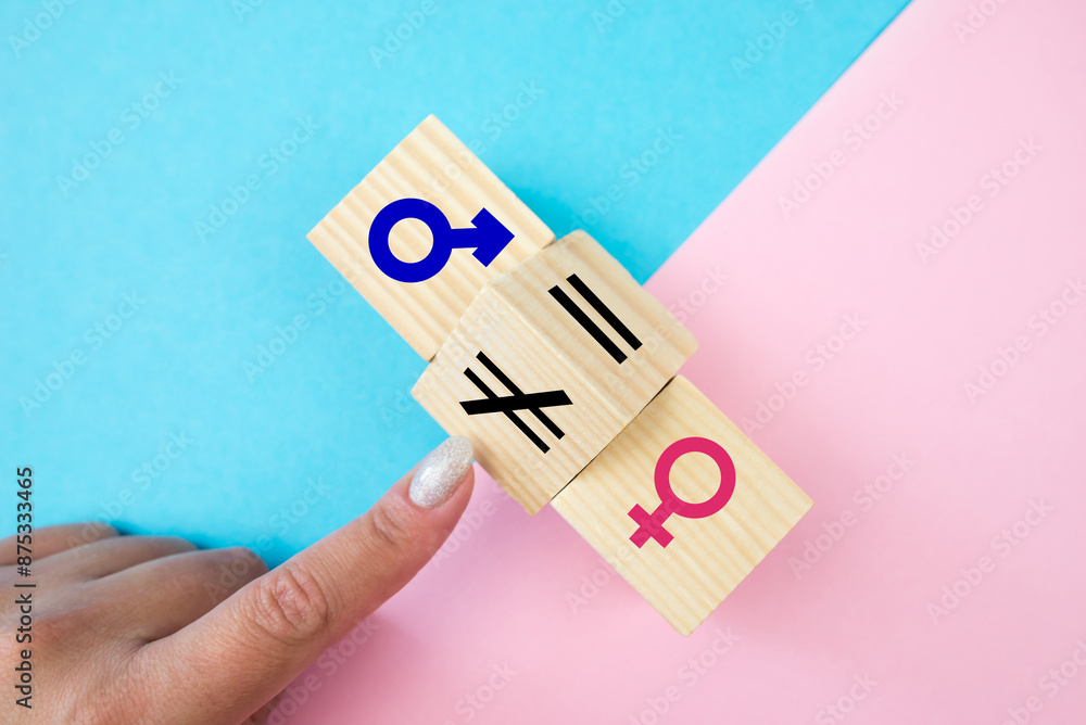 Hand flip wooden cube with unequal symbol changing to equal sign Stock ...