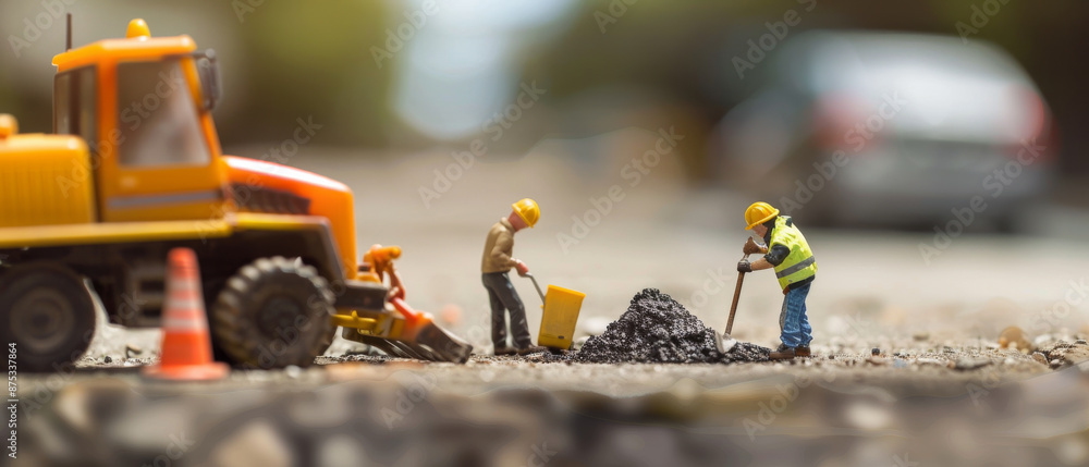 Miniature construction workers and equipment on a tiny worksite ...