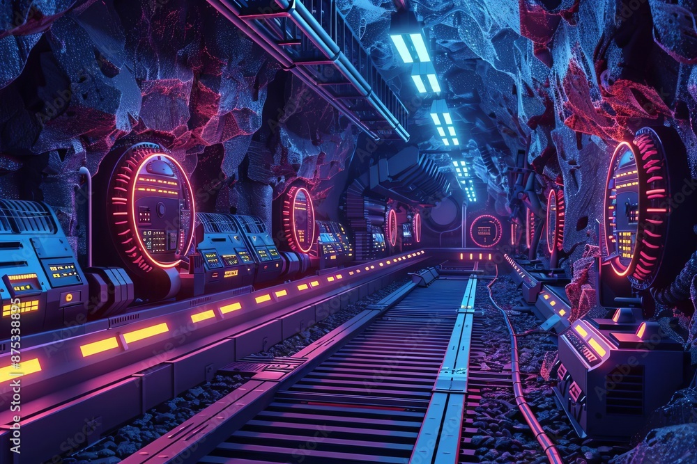 Futuristic underground data center with glowing neon lights, high-tech ...
