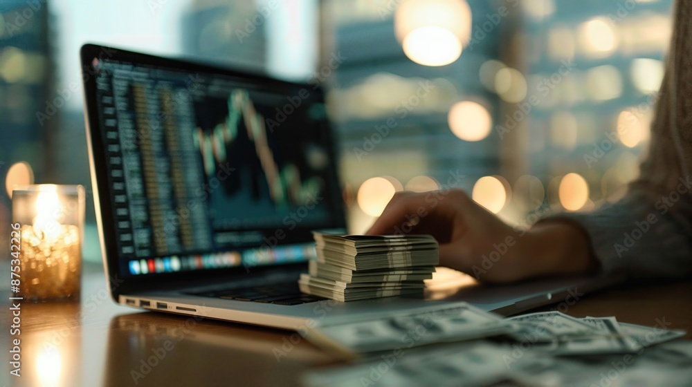 A person counting cash while reviewing income statements and financial ...