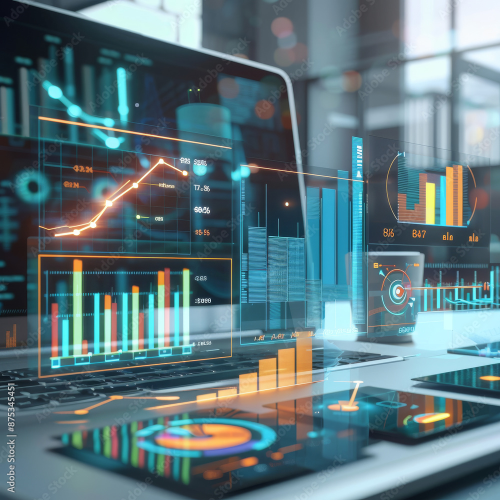 Stats data and digital marketing concept with a perspective view of ...