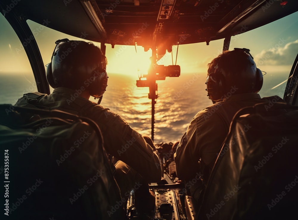 Back view of two military pilots inside a helicopter cockpit flying ...