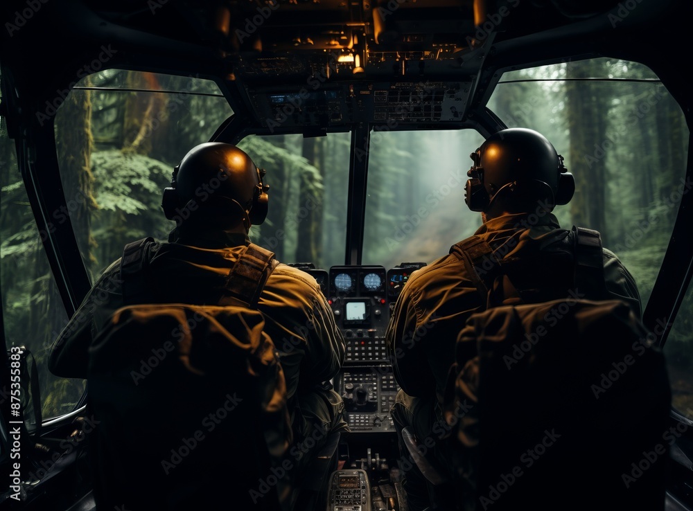 Back view of two military pilots inside a helicopter cockpit flying ...