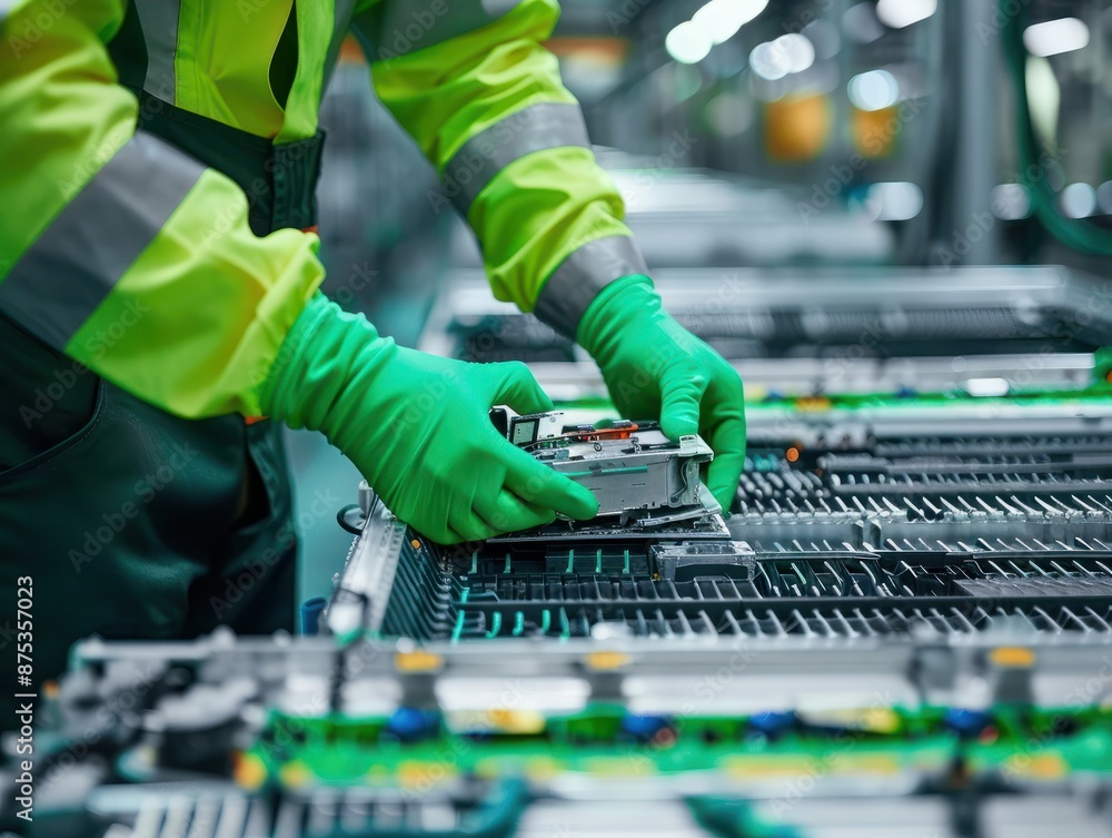 Engineers in green gloves disassemble an electric vehicle battery in a ...