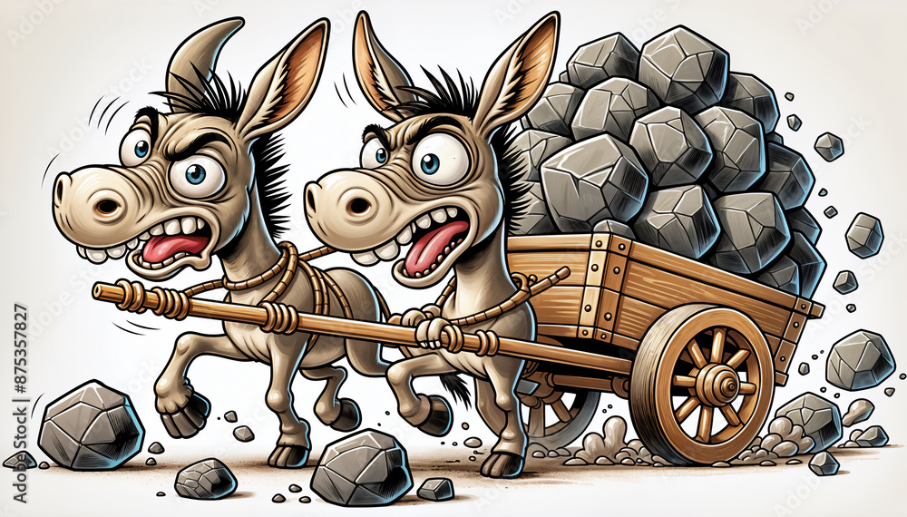Comical Donkeys on a Tough Journey: Cartoon Illustration of Tired but ...