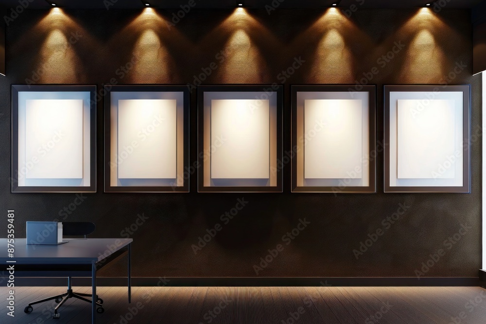 A sleek office with a dark brown wall showcasing five empty frames in a ...