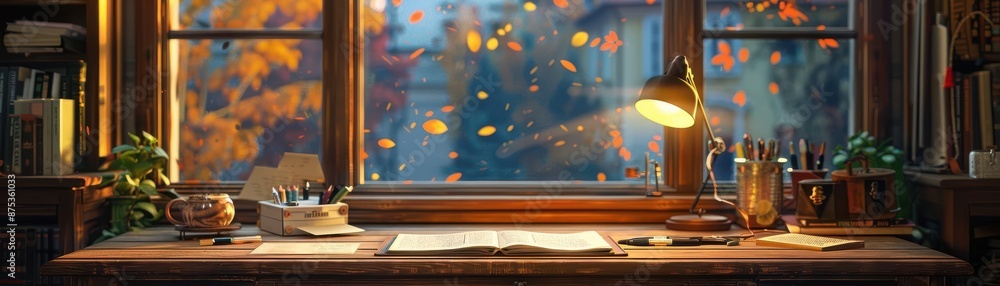 Cozy writing desk with a lamp casting warm light on letters, Artistic ...