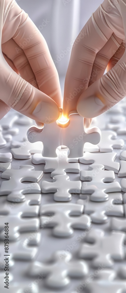Hands with gloves holding a glowing puzzle piece, assembling a jigsaw ...