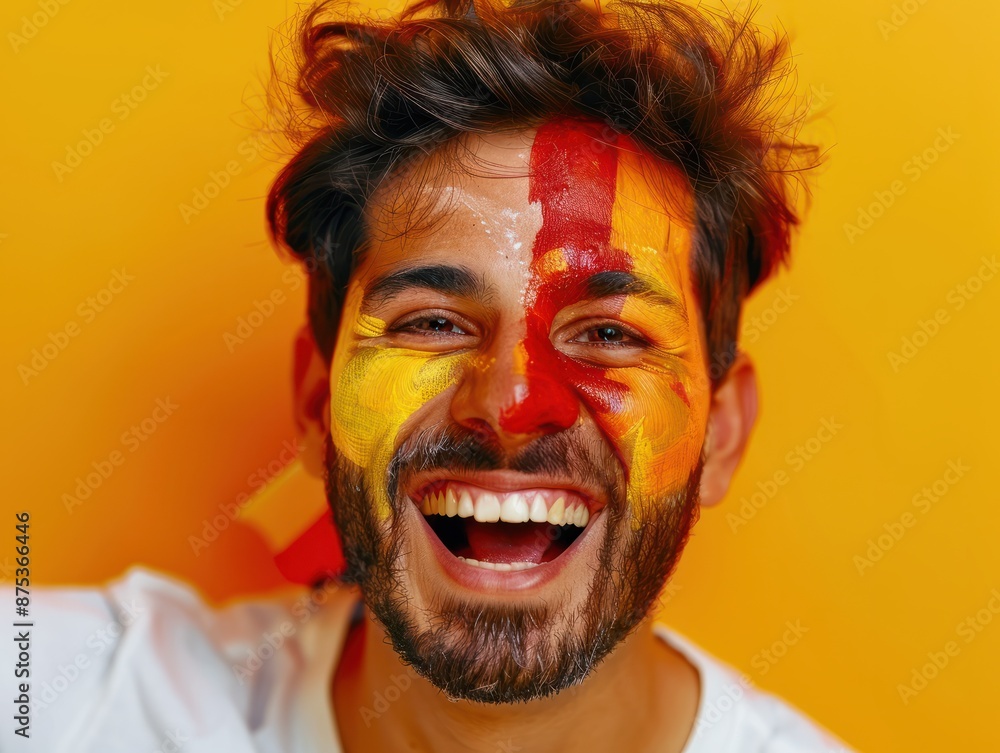 Vibrant Portrait of a Joyful male Spain Supporter with a Spanish Flag ...
