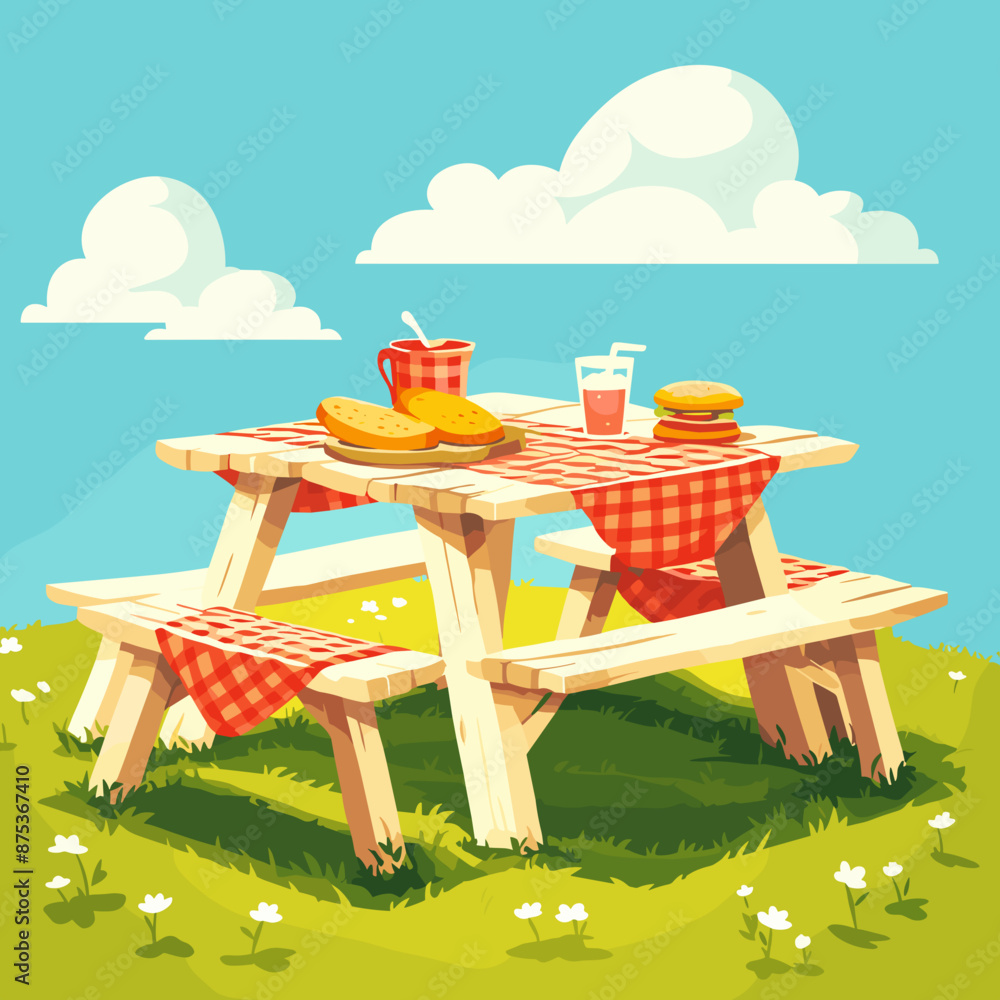 Cartoon Style Picnic Table with Food in a Meadow Vector Illustration ...