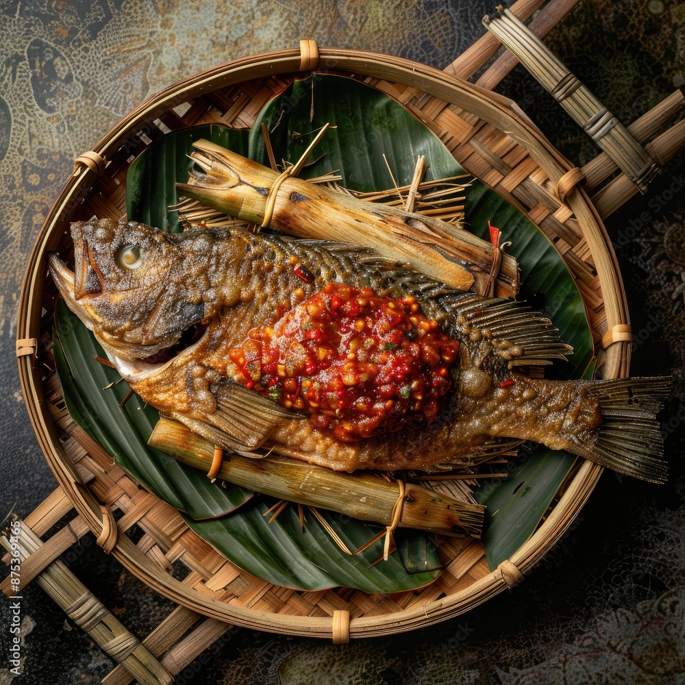 a fried Asian sea bass fish with a red sauce paste on top served with ...