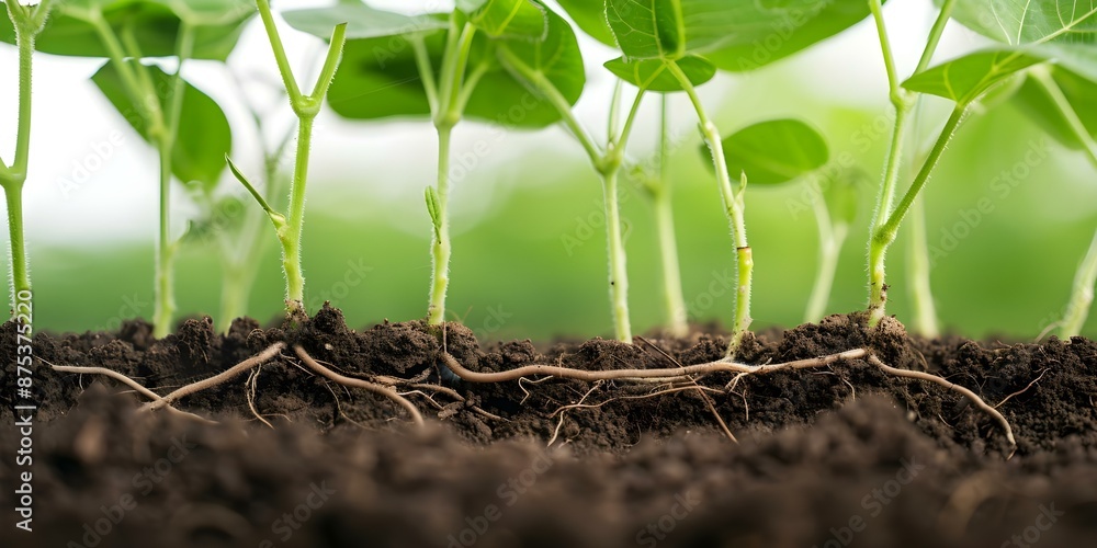 Closeup of soybean plant roots in farmland soil showing structure and ...