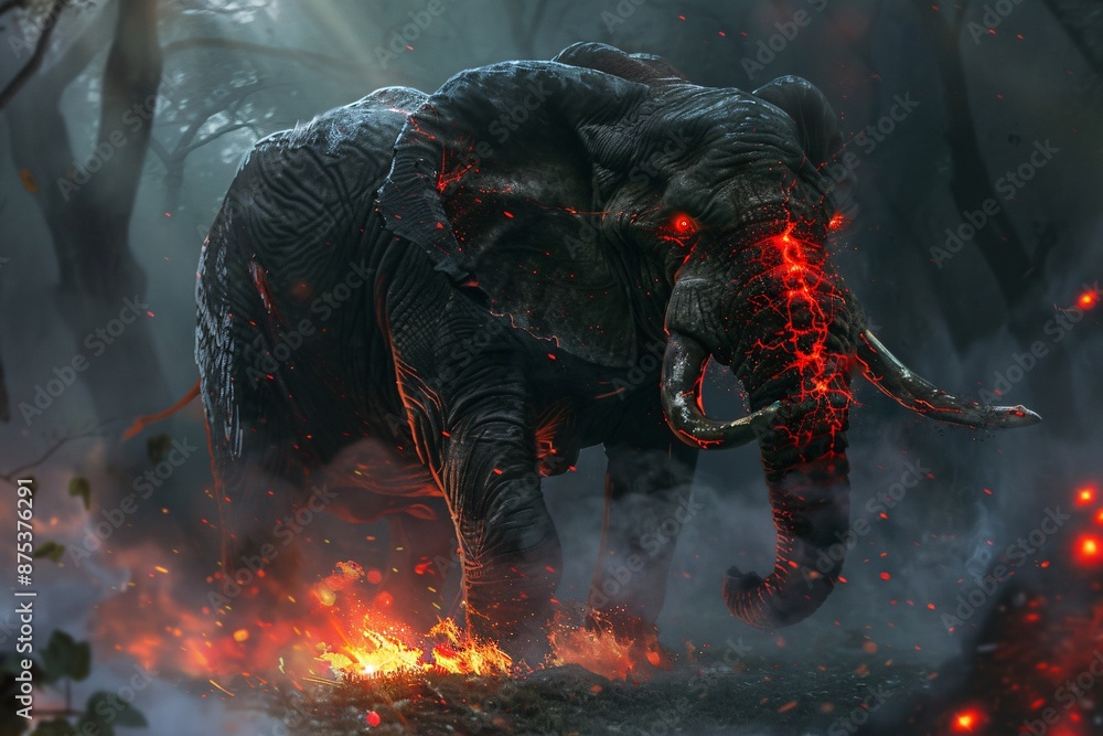A digital artwork depicting a menacing elephant with glowing red eyes ...