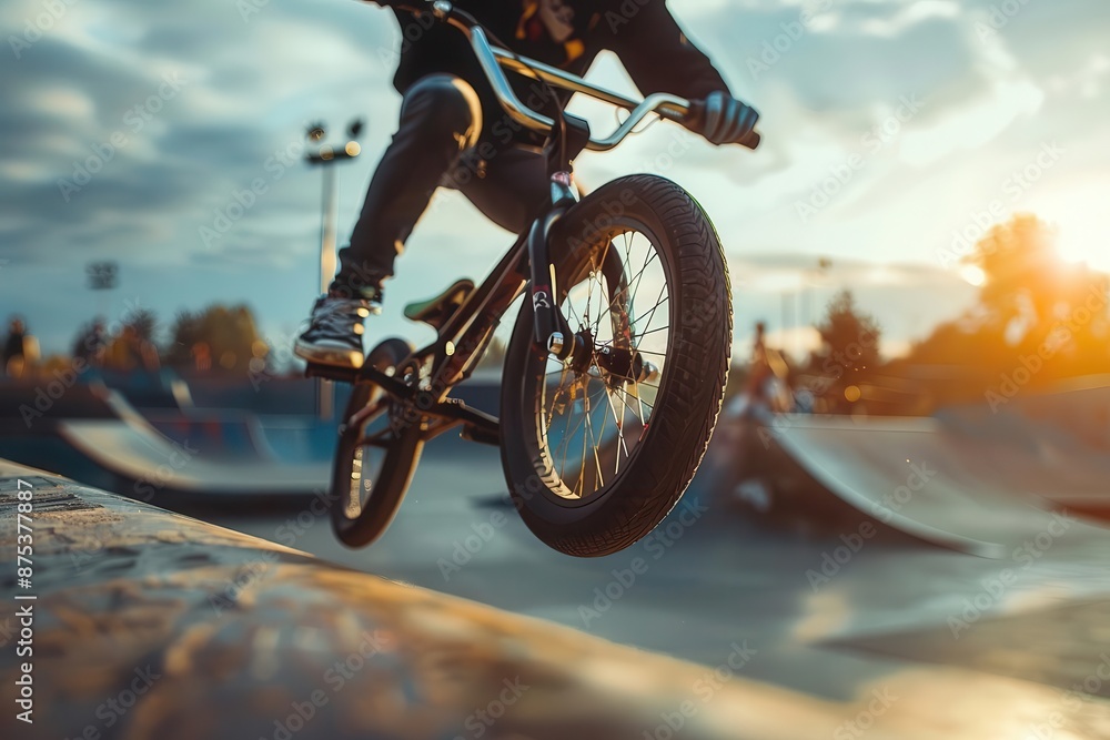 BMX rider in mid-air during a trick, intense action, copy space, skill ...