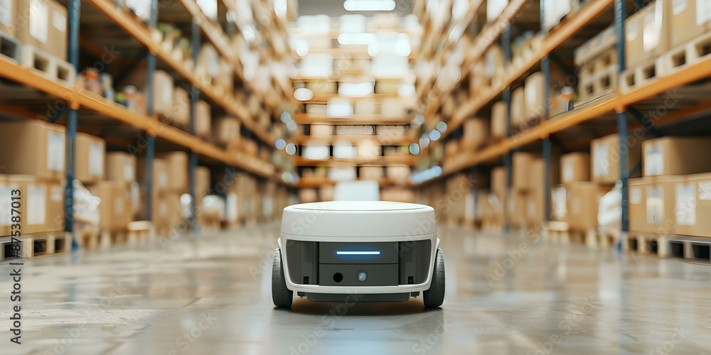 Delivery robot with sensors stationed in warehouse among stocked ...