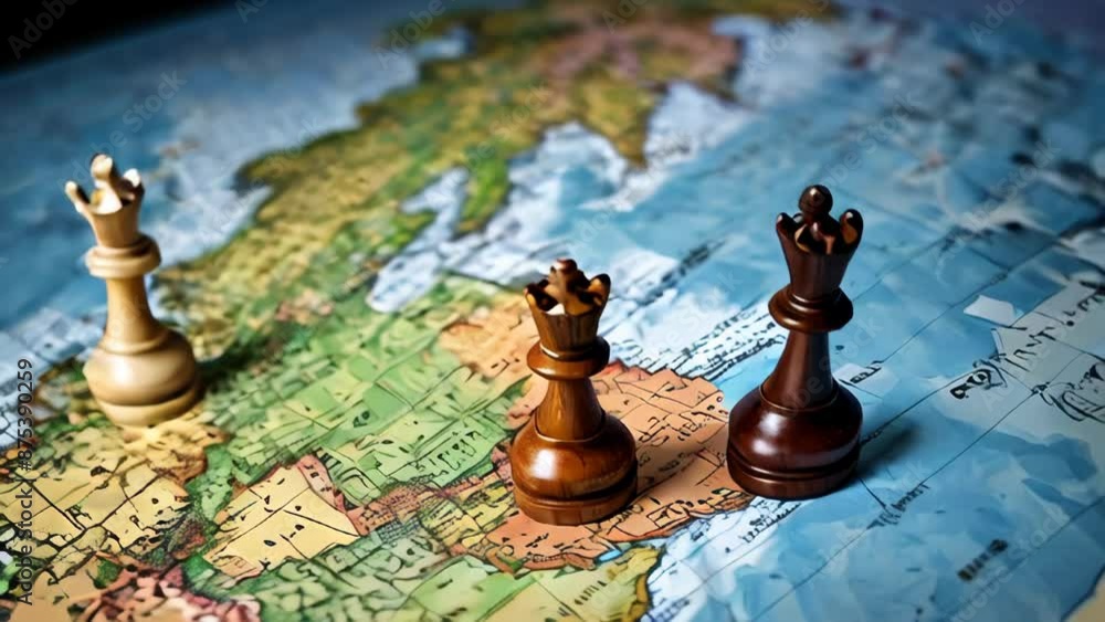 depicting geopolitics with three chess pieces positioned on map ...