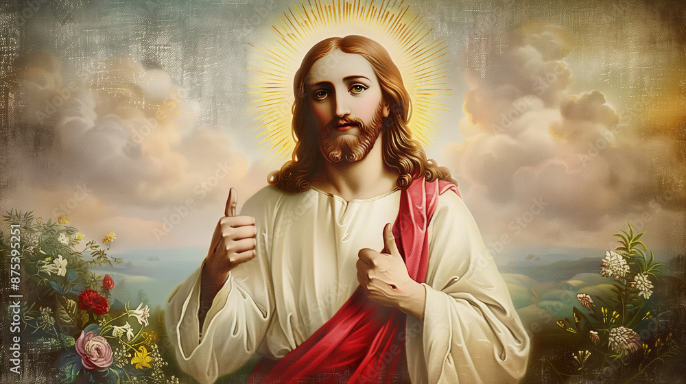 jesus christ painting, thumbs up pose, smiling, photo manipulation ...