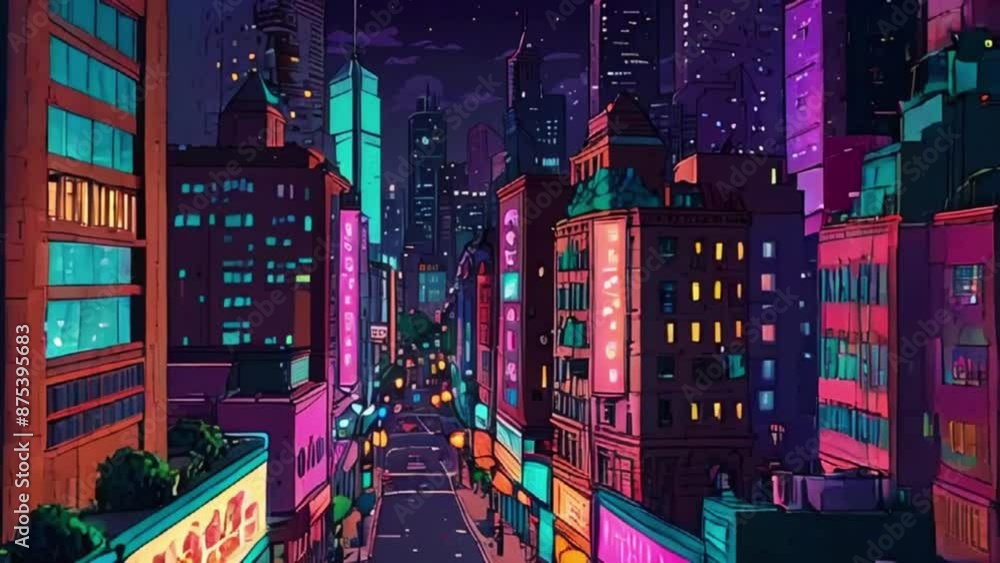 A 1980s-inspired City scene buildings, taxis, street performers ...