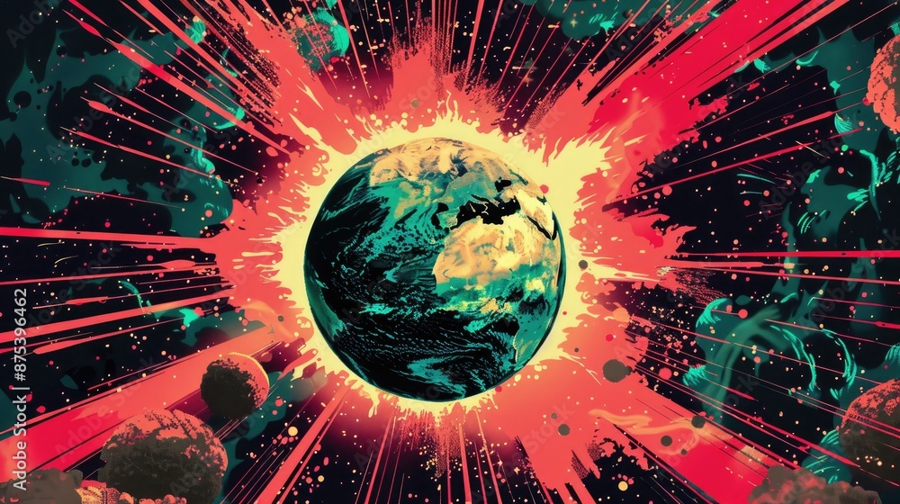 Vivid cosmic explosion with Earth in focus. Surreal and colorful ...