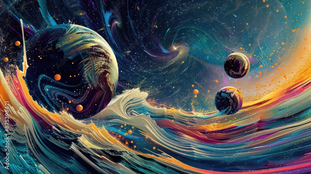Vibrant abstract cosmic painting with swirling colors, planets, and ...