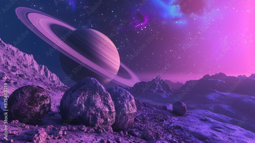Surreal alien landscape featuring ringed planet, rocky terrain, and ...