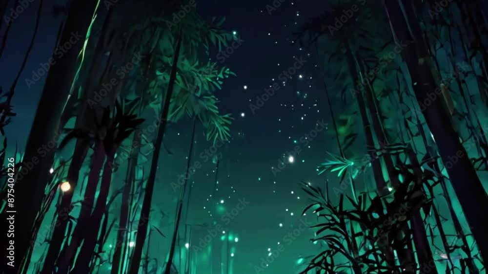 A serene bamboo forest under a full moon with gentle fireflies and soft ...