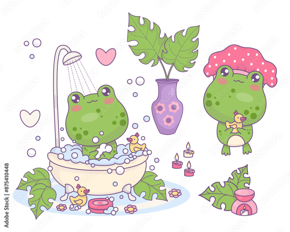 Bath-time. Cute funny frog in shower cap with rubber duck. Cartoon ...