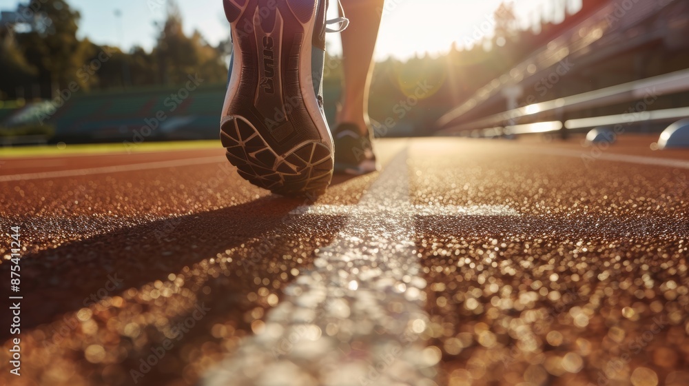 Outdoor sprint, race, or competition stadium, back view with runner on ...