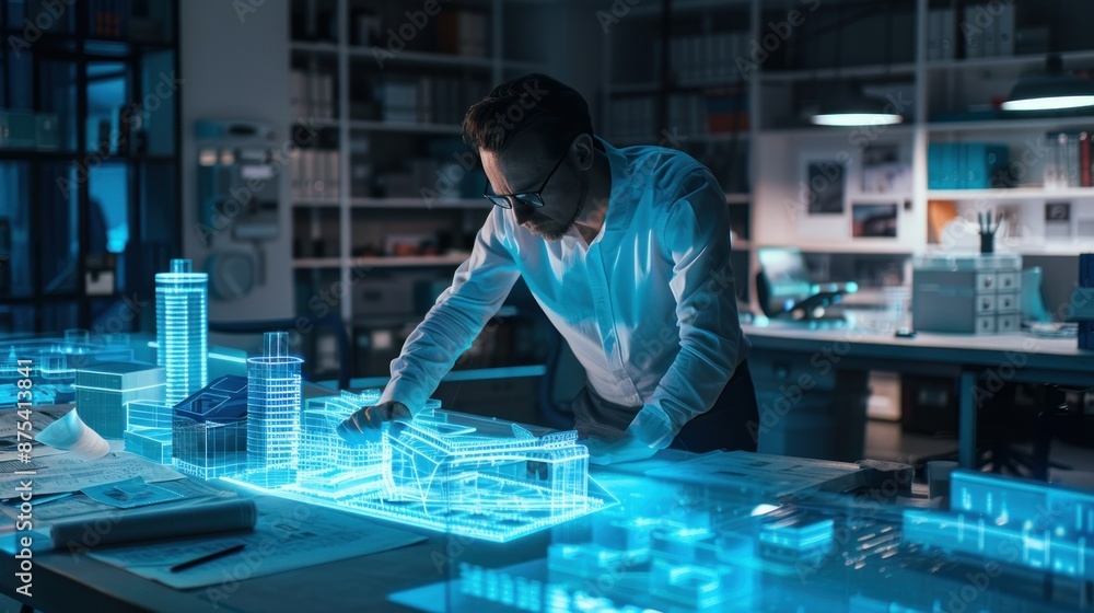 Male architect working late using augmented reality to visualize a ...
