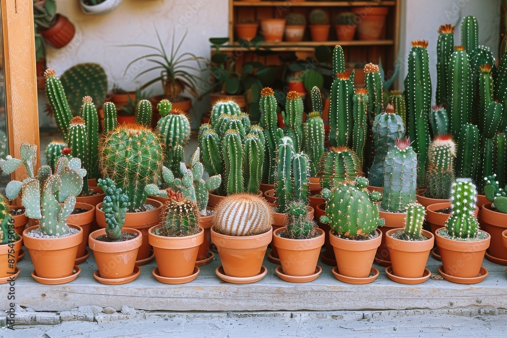 A diverse collection of various cacti in terracotta pots, displayed in an outdoor setting ...